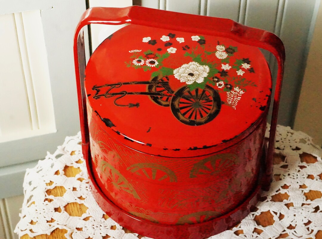 Vintage Stacking Boxes With Caddy/asian Stackable Round Boxes/three ...
