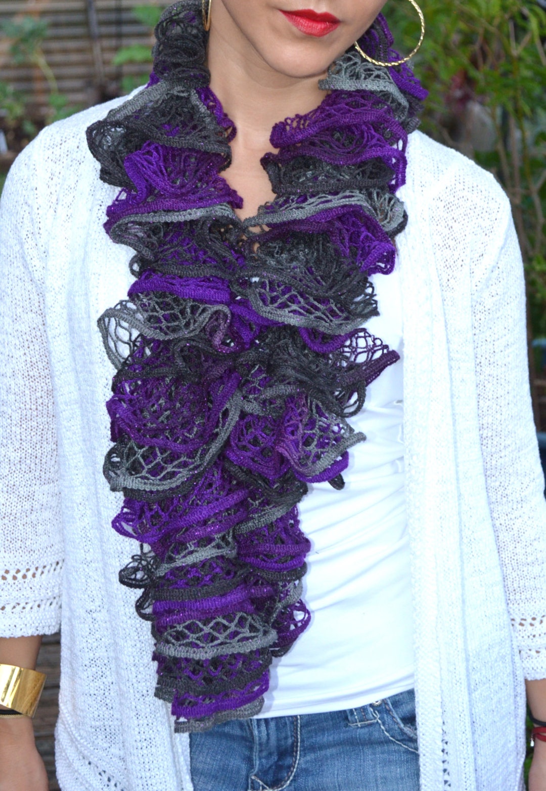 Scarf // Knitted Scarf // Net Scarf // Purple-grey Scarf // Stocking ...
