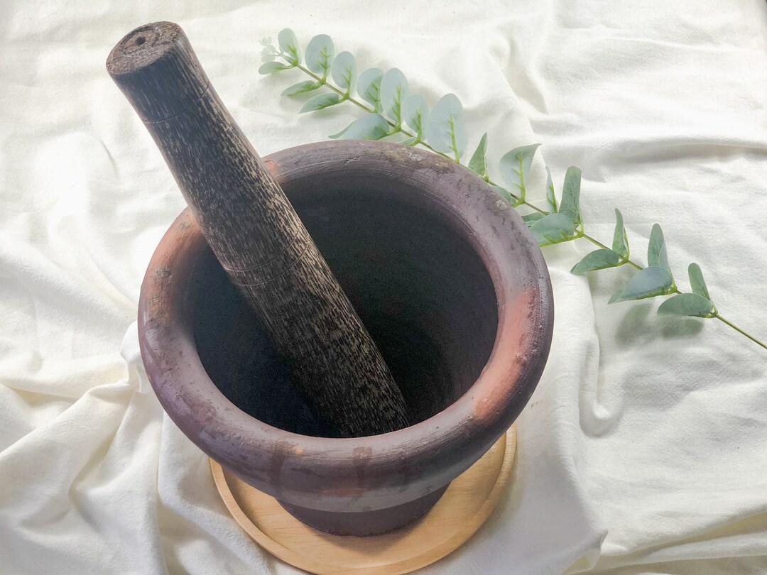 8 Inches Mortar Heavy Clay Wooden Pestle Hand Mixer Masher Grinder ...