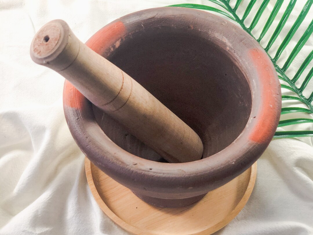 7 Inches Mortar Heavy Clay Wooden Pestle Hand Mixer Masher Grinder ...