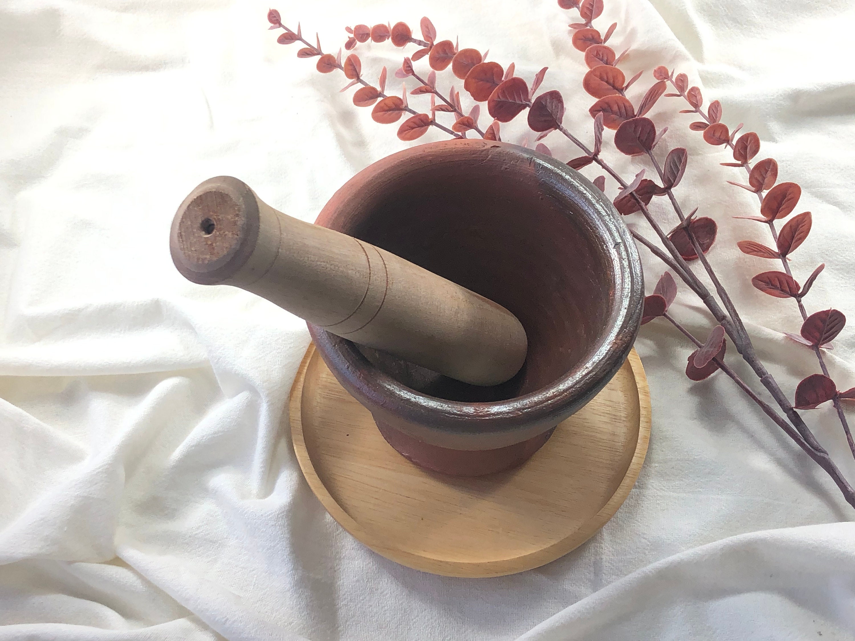 6 Inches Mortar Heavy Clay Wooden Pestle Hand Mixer Masher Grinder ...
