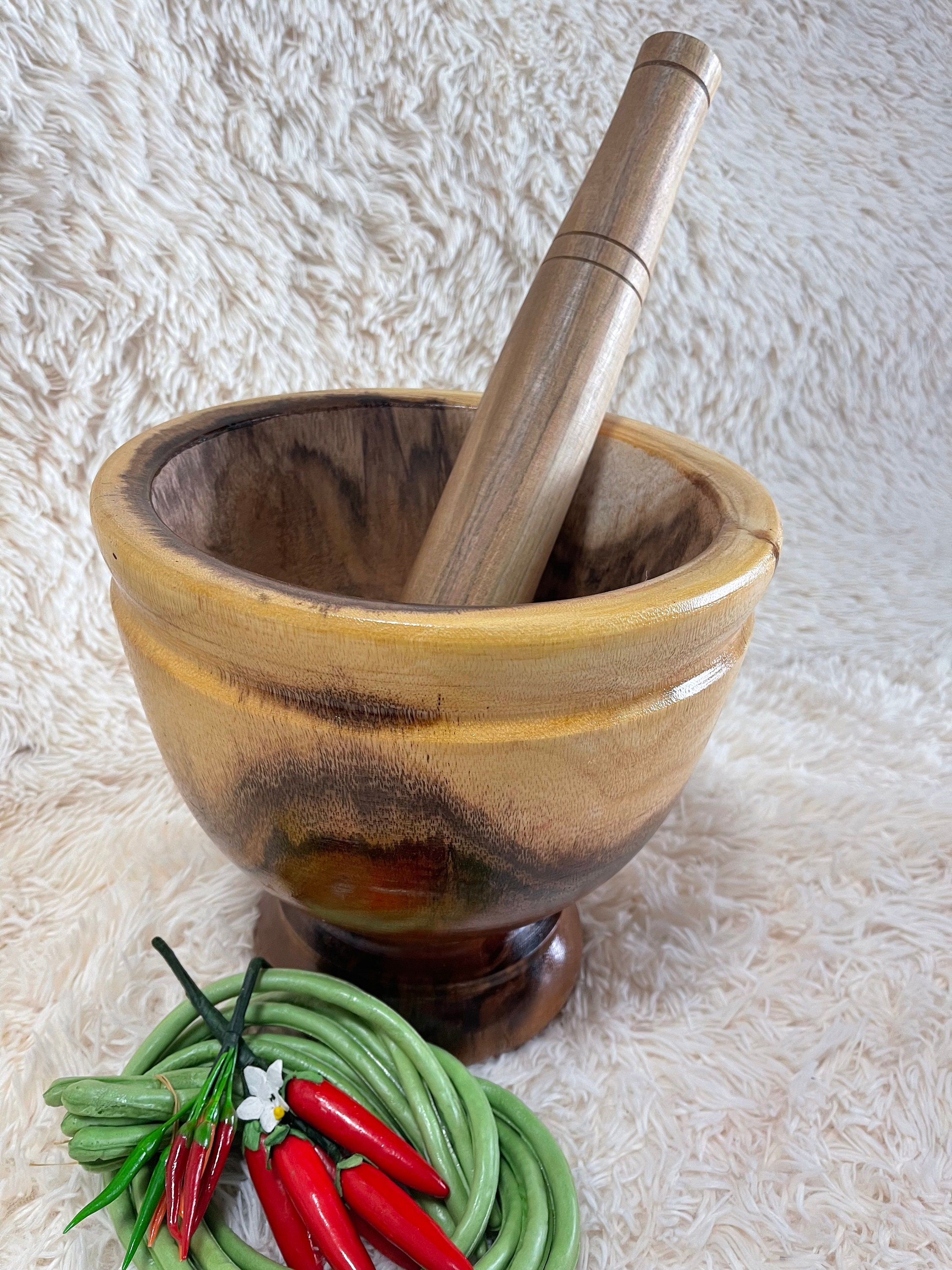 12 Inch Red Large Mortar Heavy Raintree Wooden Pestle Hand Mixer Masher ...