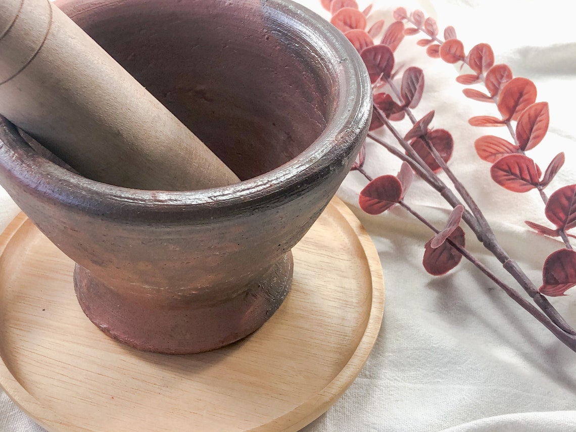 6 Inches Mortar Heavy Clay Wooden Pestle Hand Mixer Masher Grinder ...