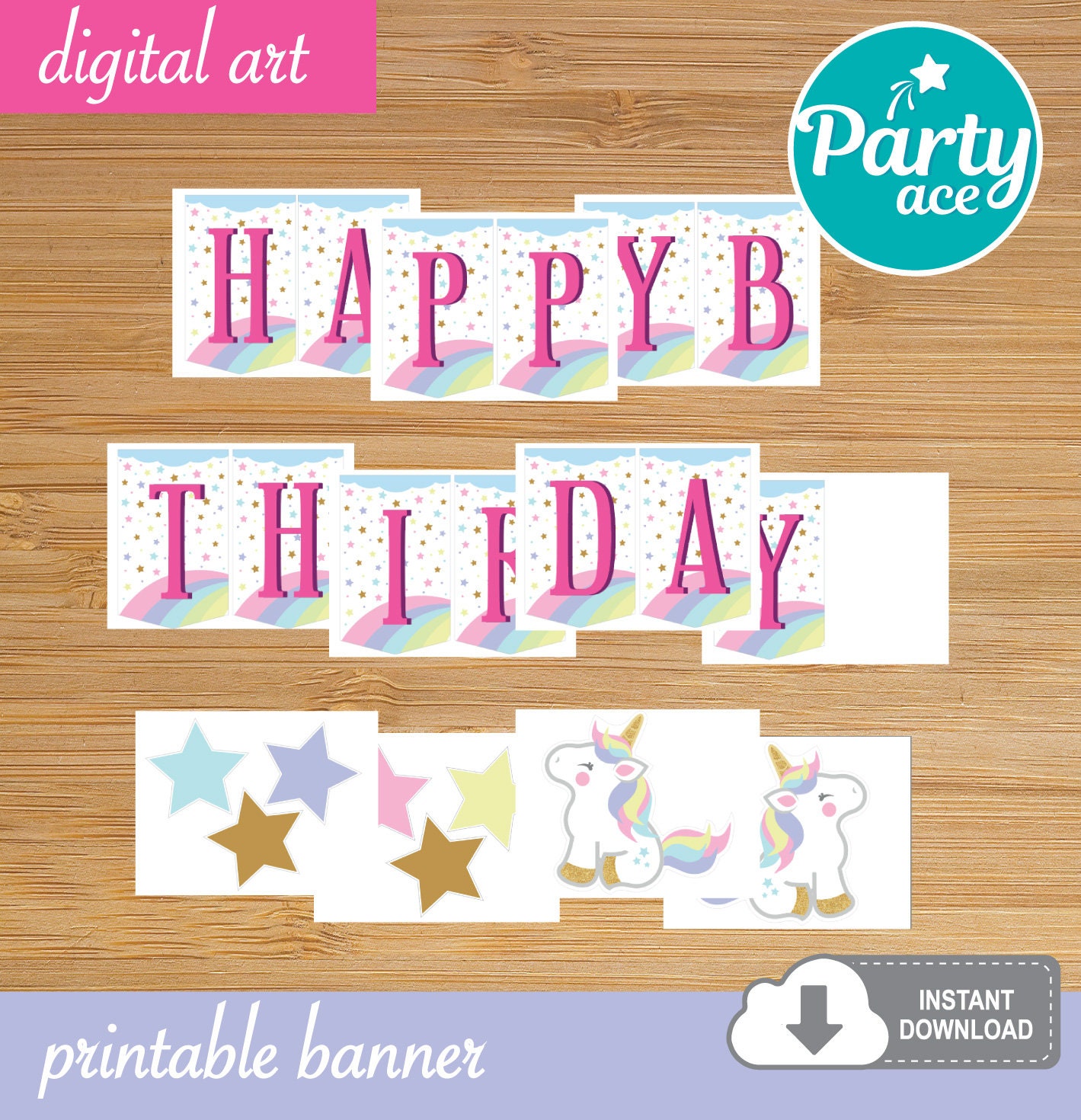 Unicorn Happy Birthday Banner Magical Rainbow Printable Party - Etsy UK