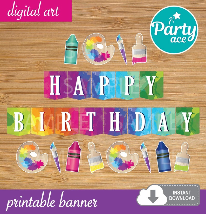 Art Birthday Party Painting Printable Happy Birthday Banner - Etsy