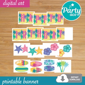 Surf Summer Tropical Beach Printable Happy Birthday Banner - Etsy