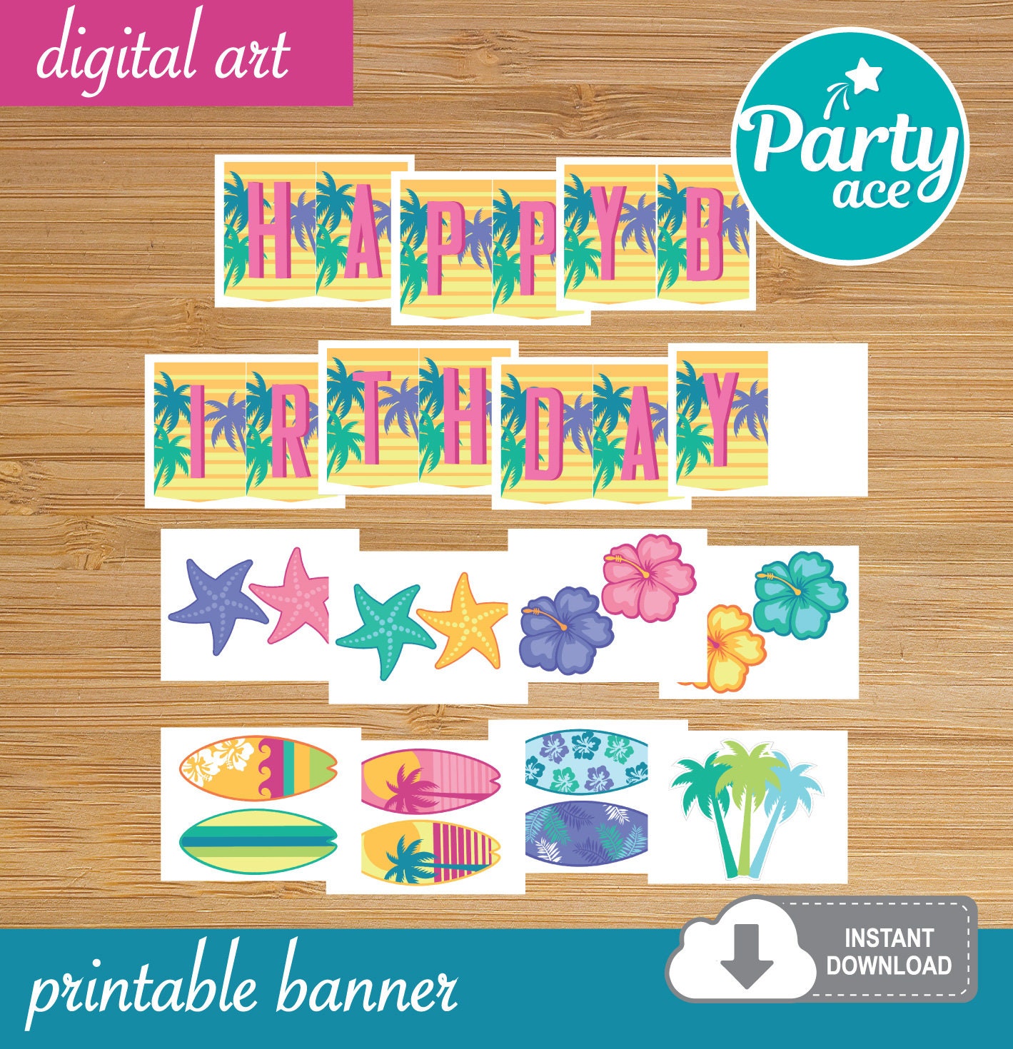 Surf Summer Tropical Beach Printable Happy Birthday Banner | Etsy