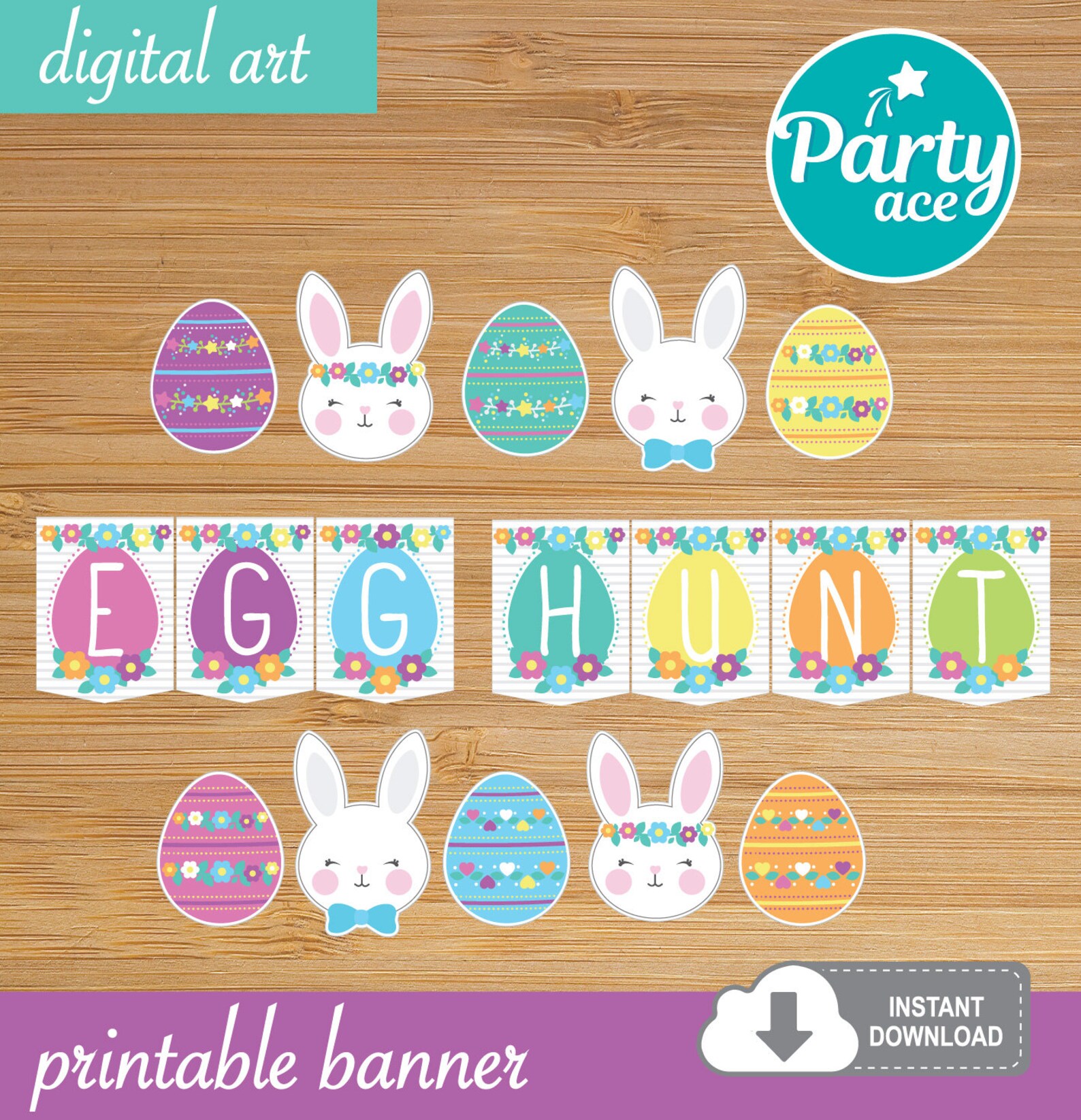 Easter Egg Hunt Banner Sign Printable Easter Eggs and Bunnies - Etsy
