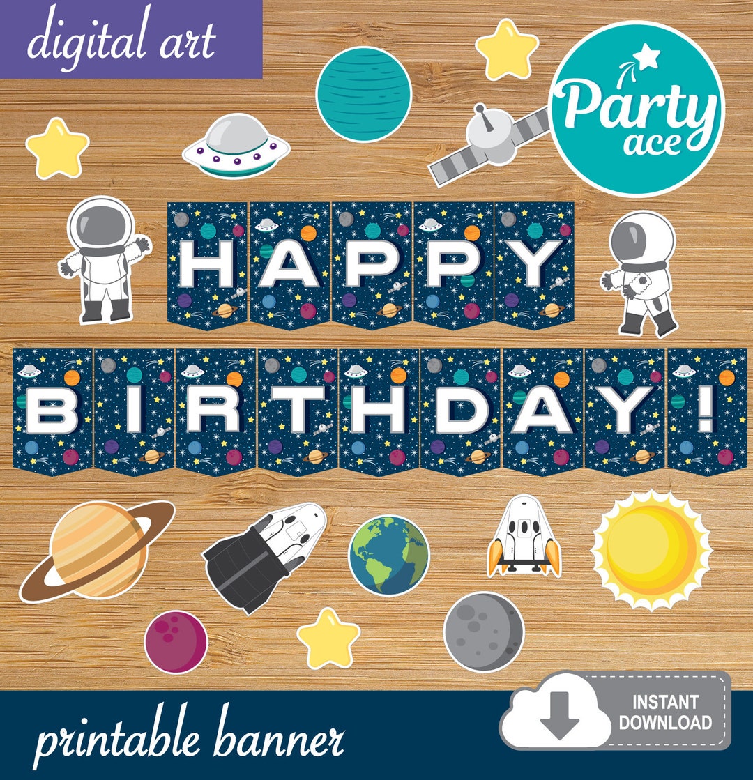 Outer Space Happy Birthday Printable Banner Rocket Astronauts Nasa ...