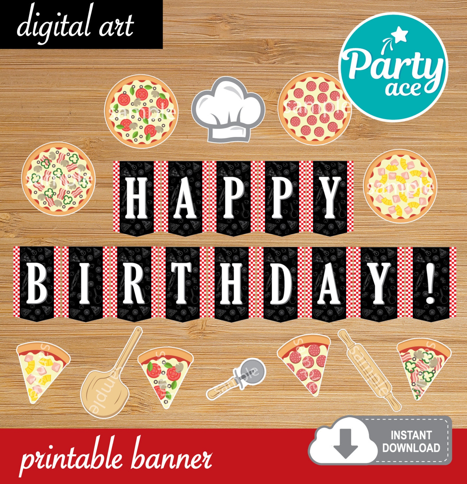 Pizza Party Happy Birthday Printable Banner Italian Pizza Chef - Etsy ...