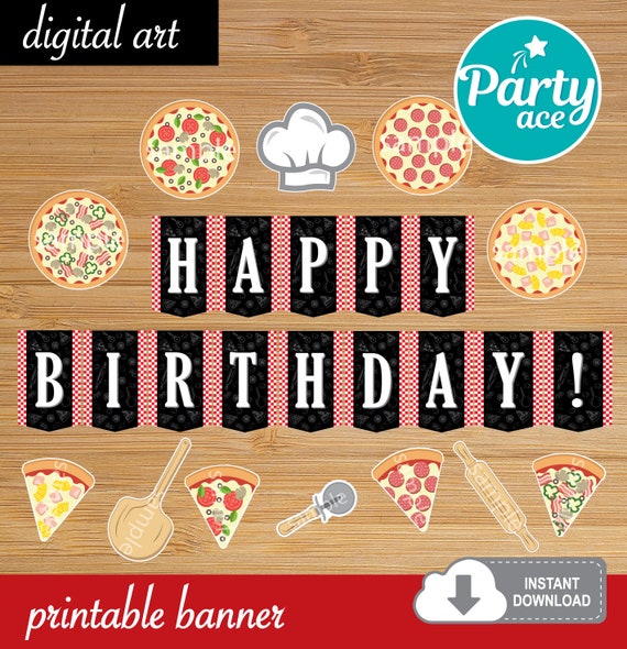 Pizza Party Happy Birthday Printable Banner Italian Pizza Chef | Etsy