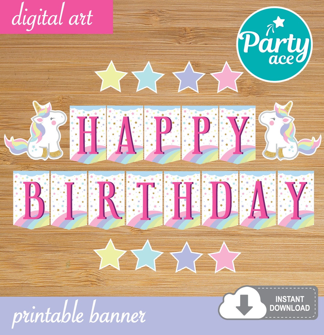 Unicorn Happy Birthday Banner Magical Rainbow Printable Party ...