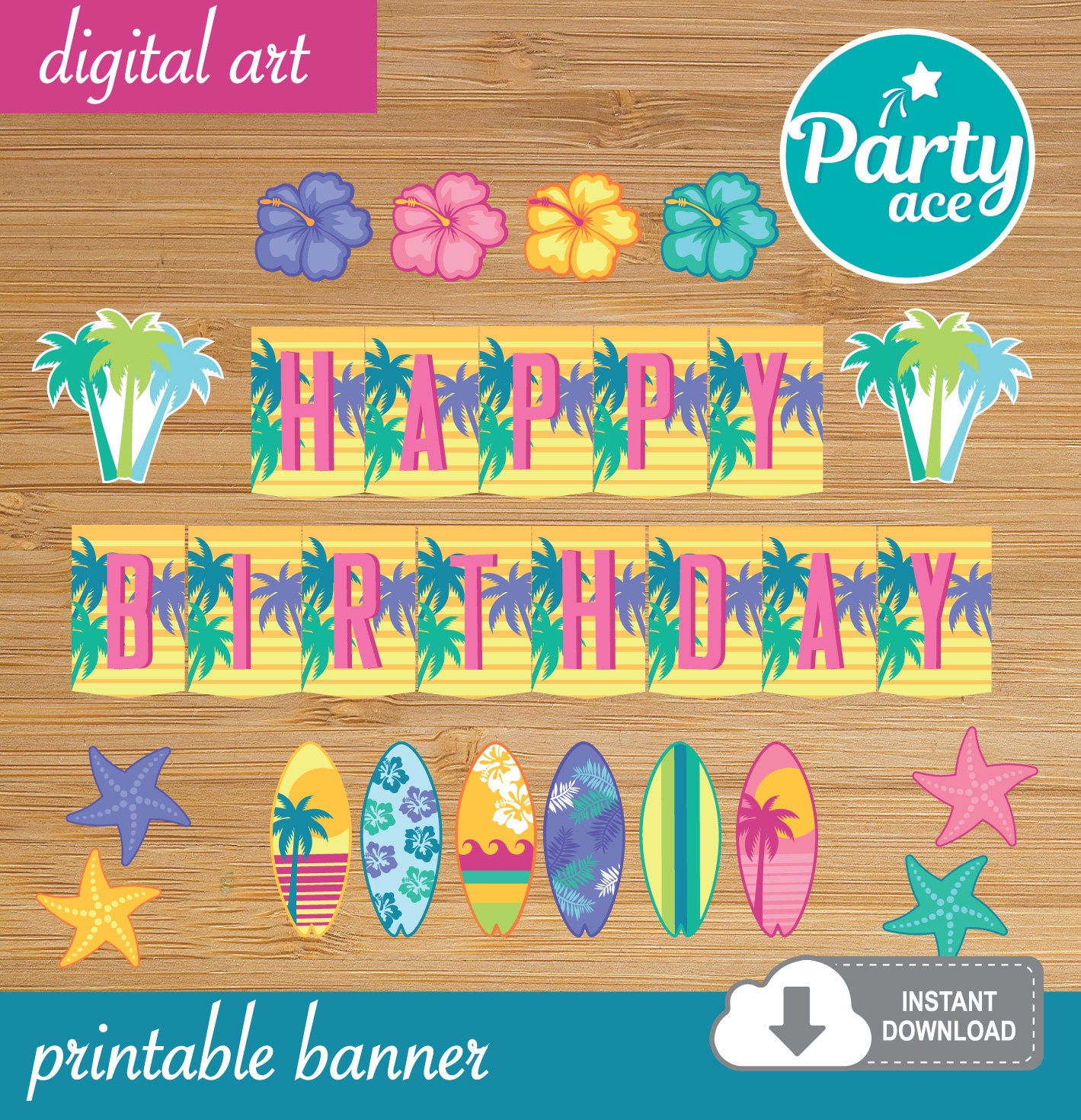 Surf Summer Tropical Beach Printable Happy Birthday Banner | Etsy