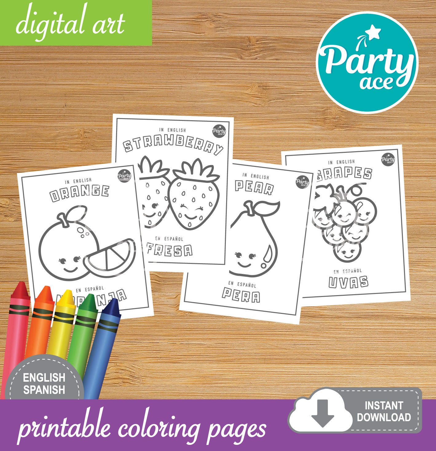 Fruits Coloring Printable Pages for Kids in English and Spanish for ...