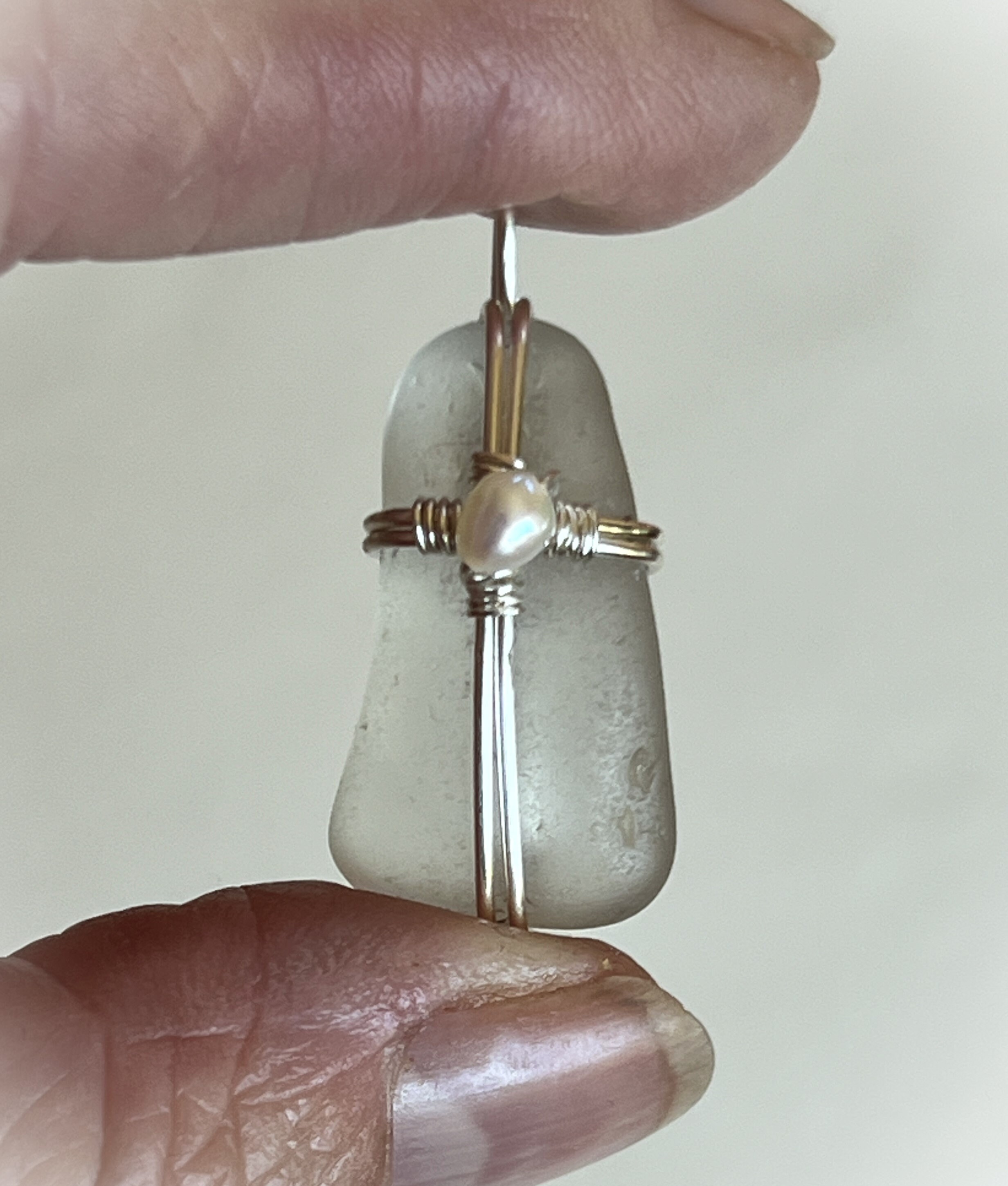 Item 1221 Genuine Sea Glass Wire Wrapped Cross Pendant With Pearl ...