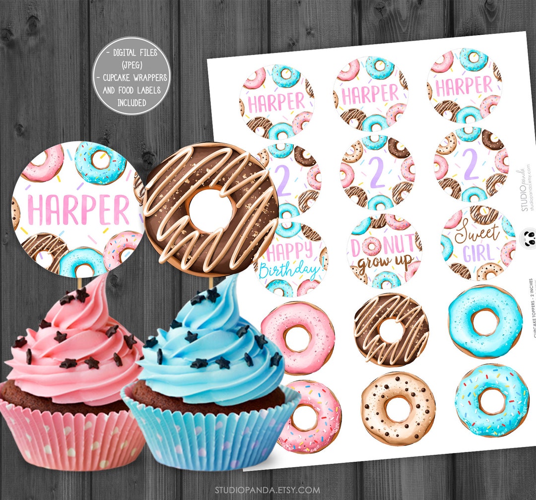 Donut Cupcake Toppers and Wrappers, Personalized, Donut Toppers, Donut ...