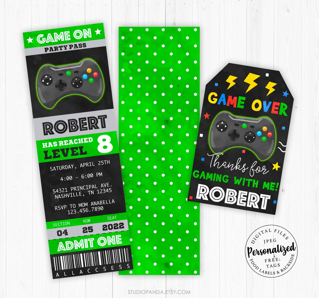 Video Game Ticket Invitation 3, Personalized, Video Game Party Bundle ...
