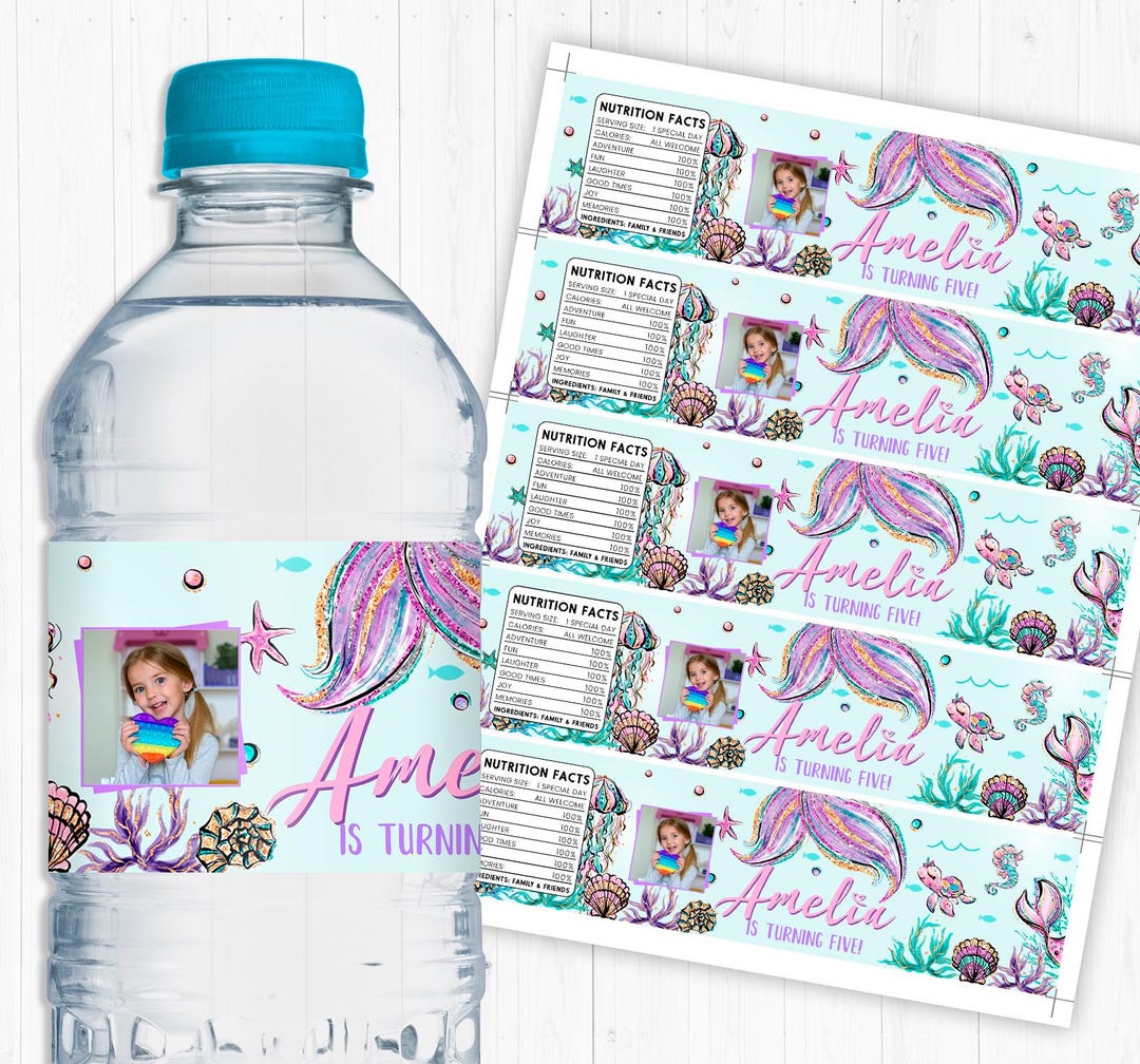 Mermaid Water Bottle Label With Photo, Instant Download, Mermaid Label ...