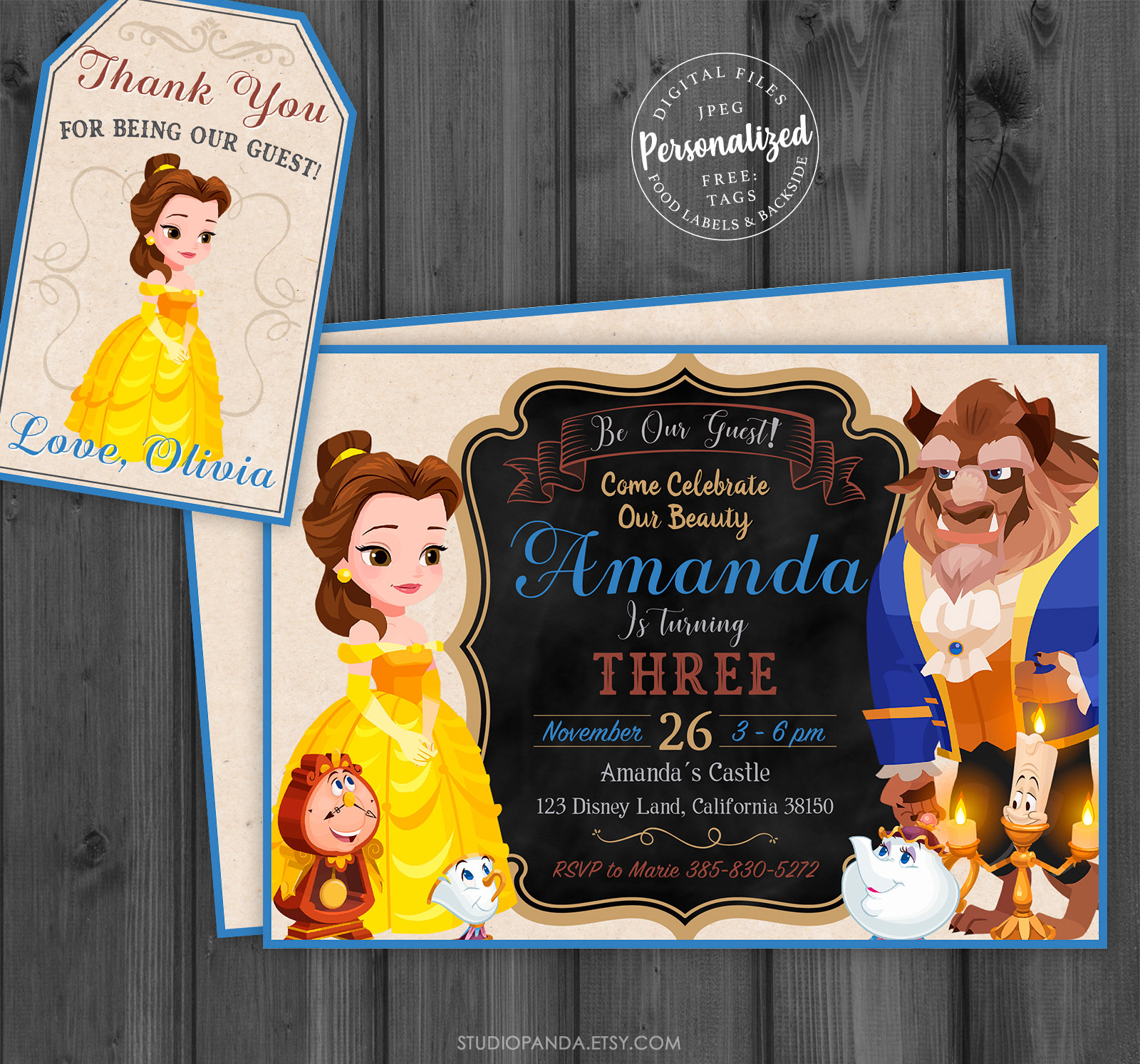 Personalized Disney Princess Belle Invitations