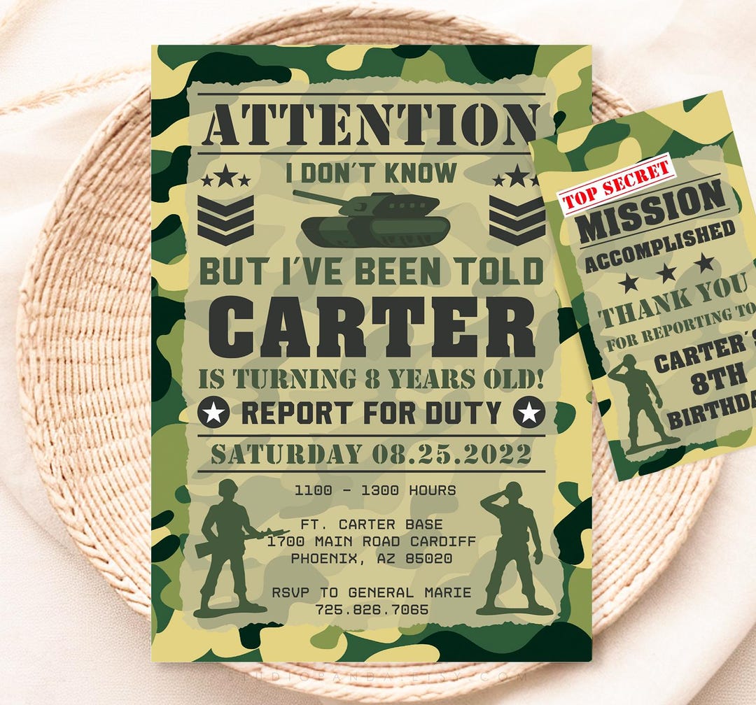 Soldier Invitation + Favor Tags, Personalized, Army Invitation ...