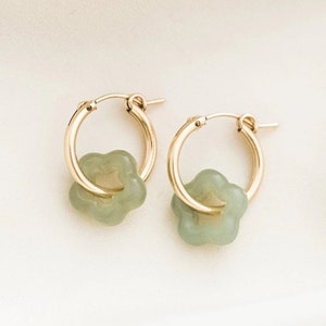 Jade Hoop Earrings / Gold Filled Flower Hoops / Flower Earrings / Jade ...