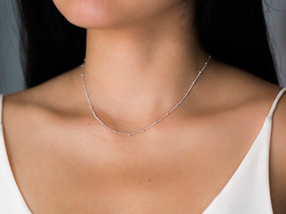 Silver Satellite Chain Necklace / Dainty Silver Beaded Necklace ...