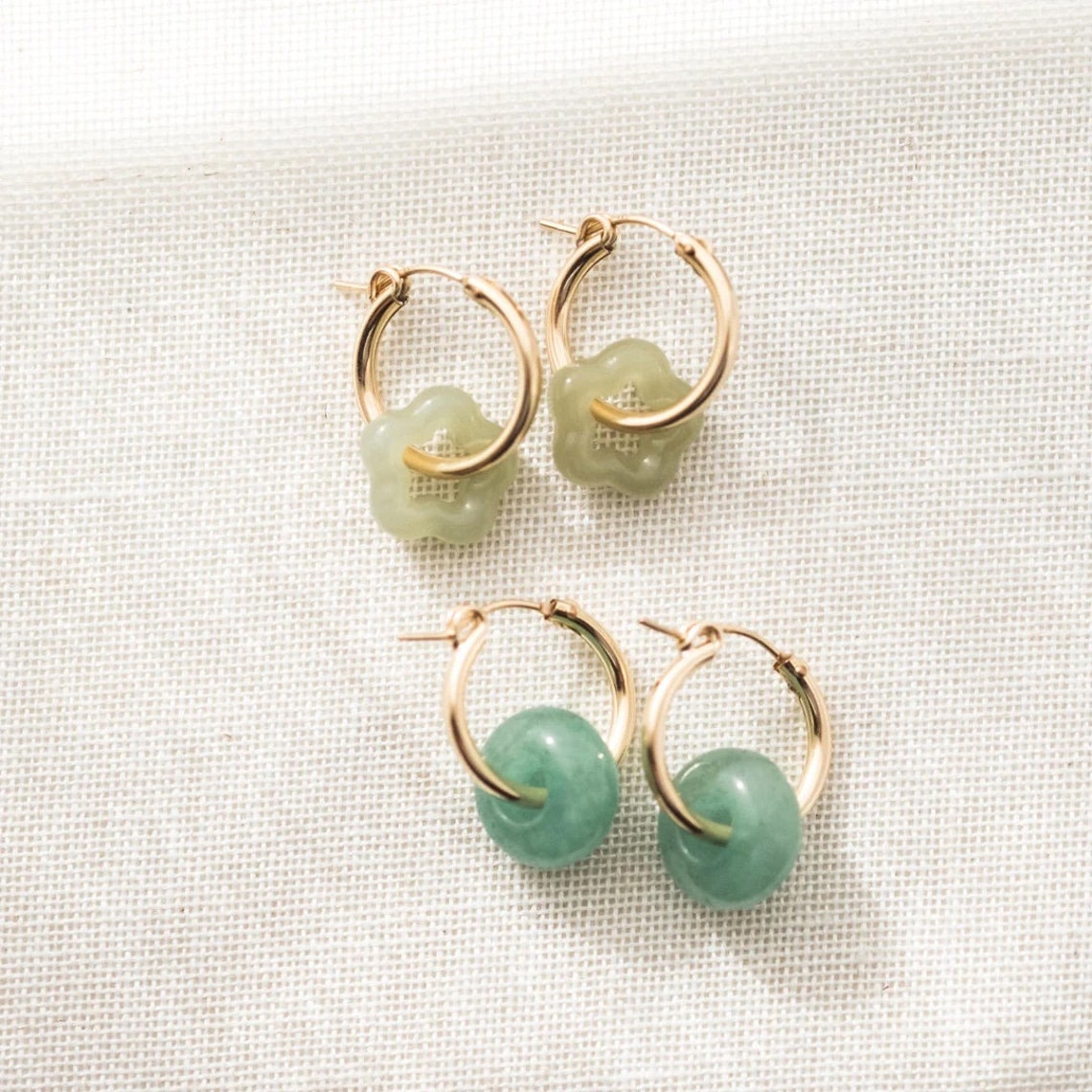 Jade Hoop Earrings / Gold Filled Flower Hoops / Flower Earrings / Jade ...
