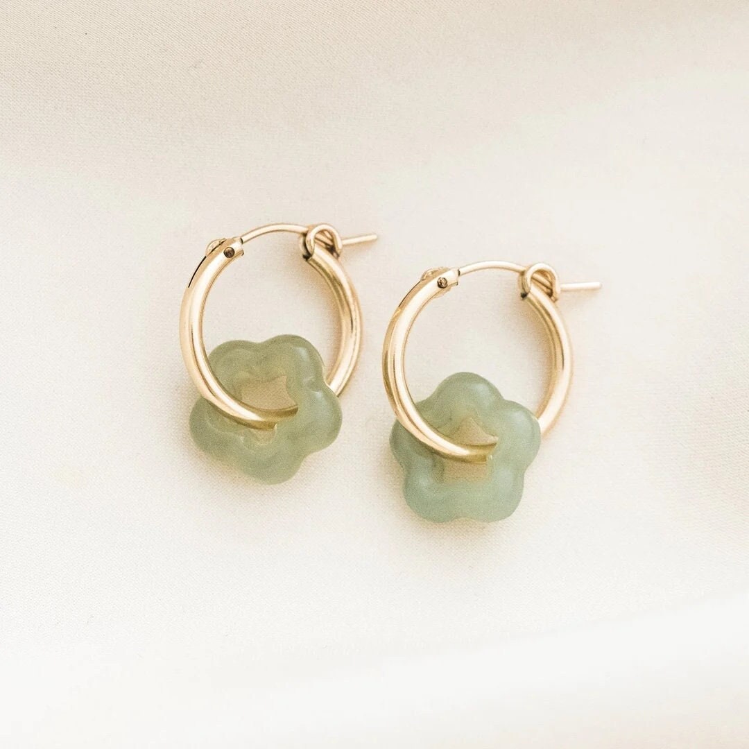Jade Hoop Earrings / Gold Filled Flower Hoops / Flower Earrings / Jade ...