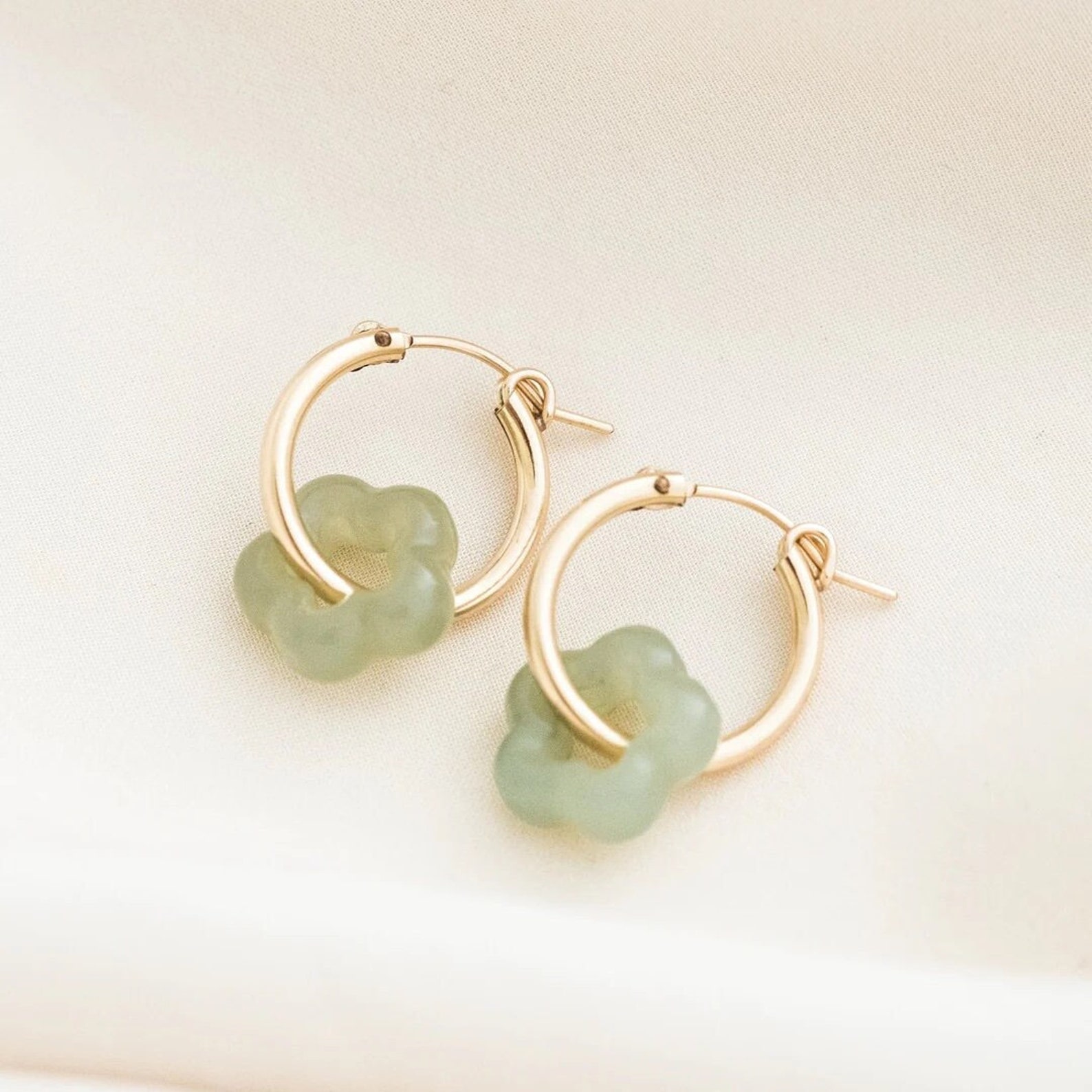 Jade Hoop Earrings / Gold Filled Flower Hoops / Flower Earrings / Jade ...