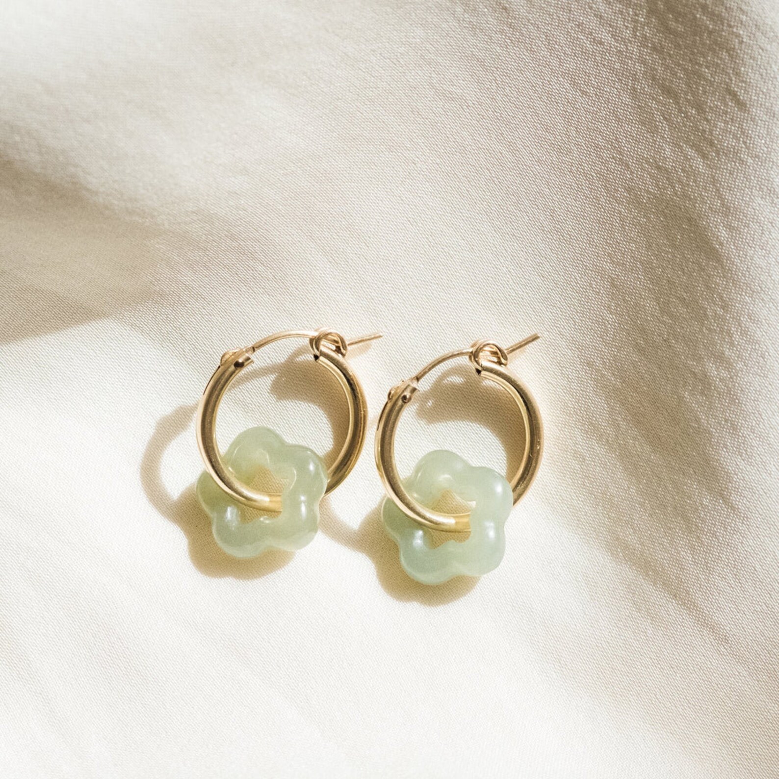 Jade Hoop Earrings / Gold Filled Flower Hoops / Flower Earrings / Jade ...