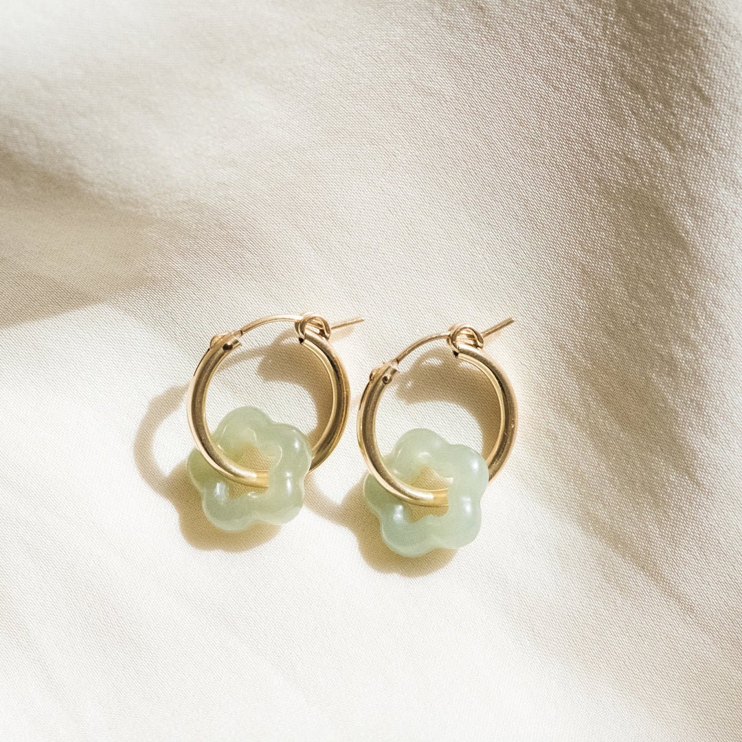 Jade Hoop Earrings / Gold Filled Flower Hoops / Flower Earrings / Jade ...