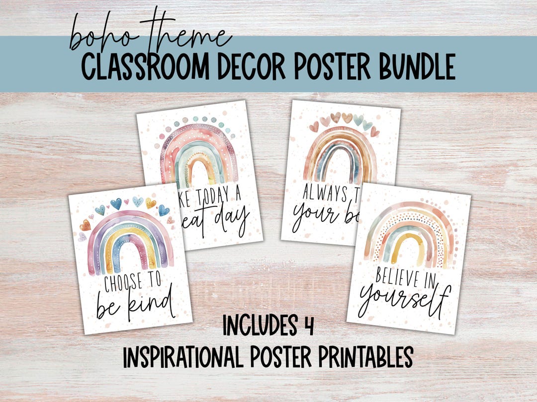 Boho-poster, Watercolor Rainbow Theme, Printable Teacher Poster Bundle ...