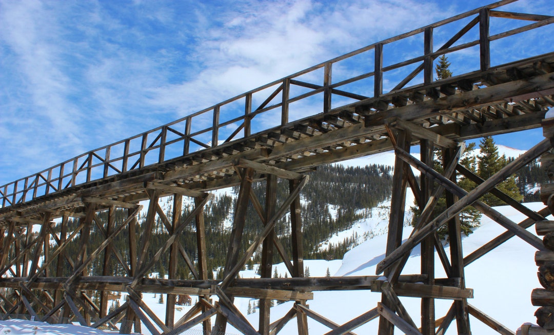 Wooden Mining Trestle, Snow Covered Mountains, Color Photograph, Fine ...