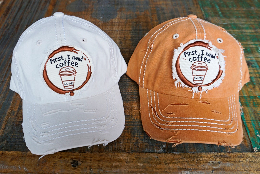 First I Need Coffee Distressed Ball Cap Pigment Washed Embroidered Dad ...