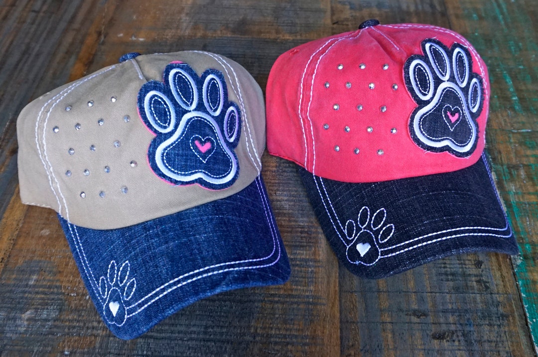 Puppy Dog Paw Distressed Ball Cap Pigment Washed Denim Visor Dad Hat ...