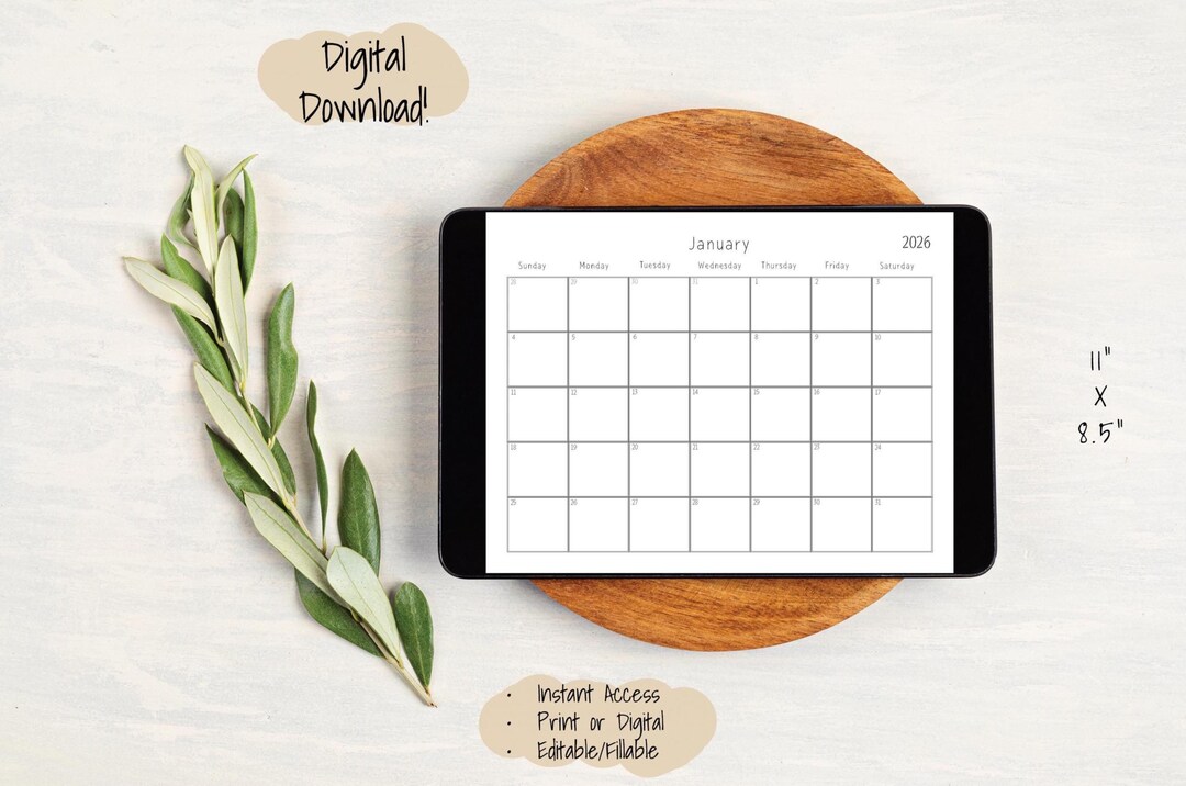 2026 Calendar Printable | Fillable Minimalist Planner (digital Download ...