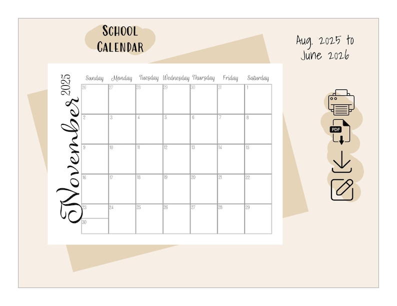 Academic School Calendar 2025 2026 Editable | Simple Fillable Calendar ...