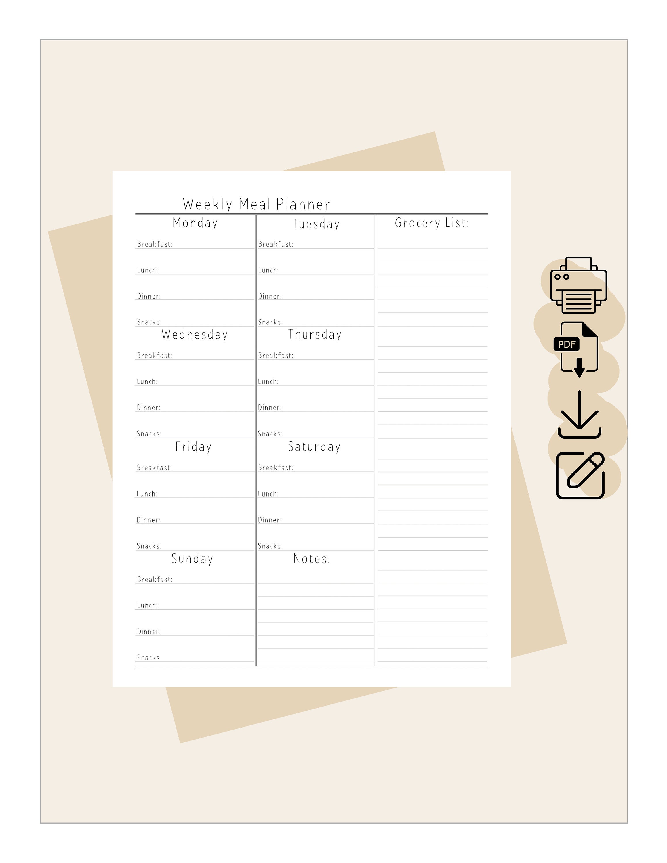 Weekly Meal Planner Editable All-in-one | Digital/printable Schedule ...