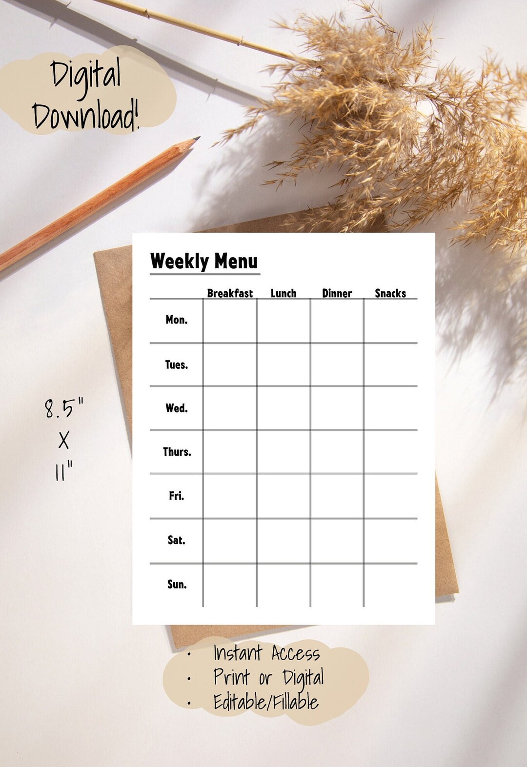 Weekly Meal Planner Editable | Digital/printable Schedule | Simple ...