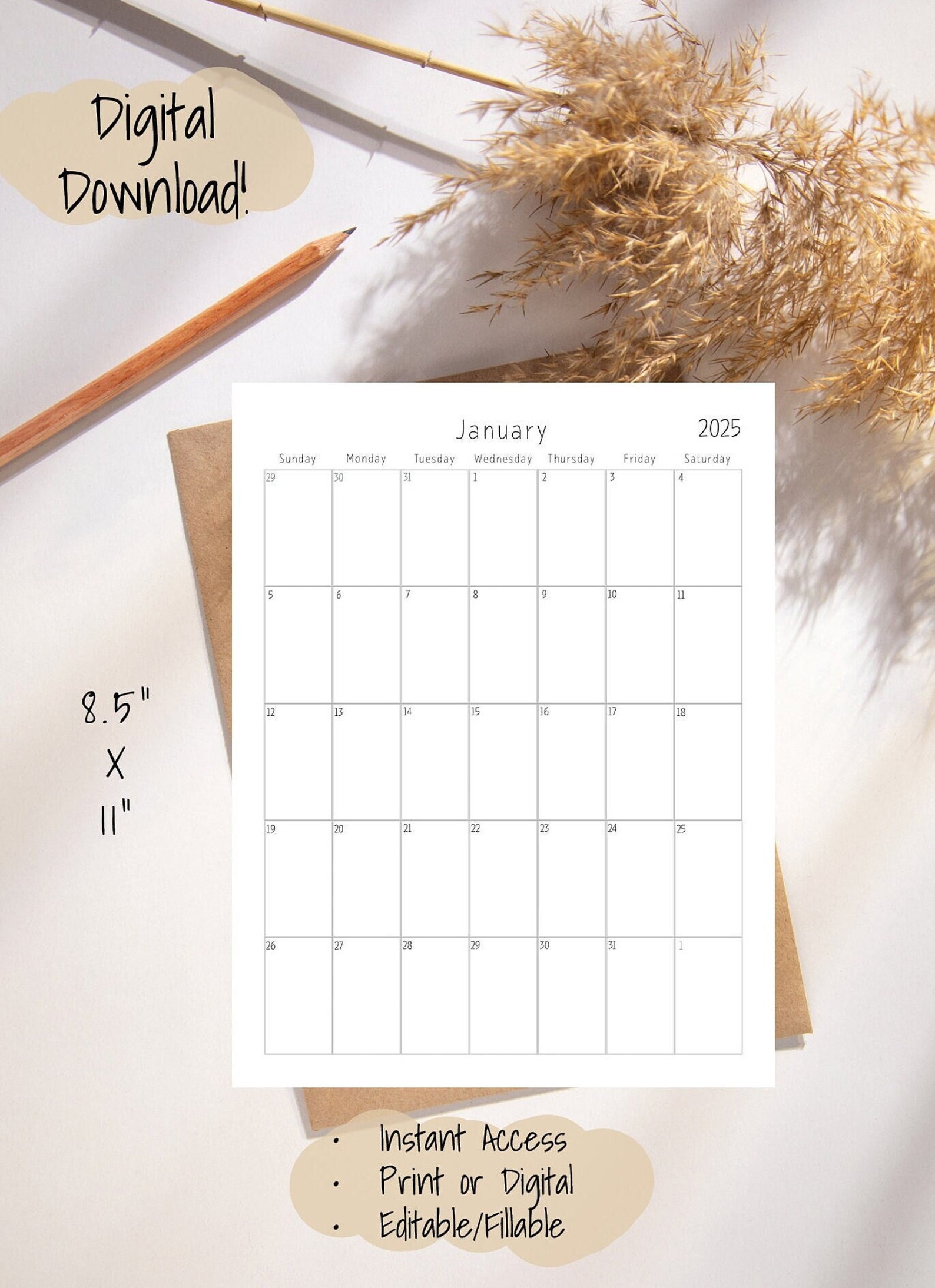 2025 Calendar Editable | Simple Fillable Calendar Planner | Minimal PDF ...