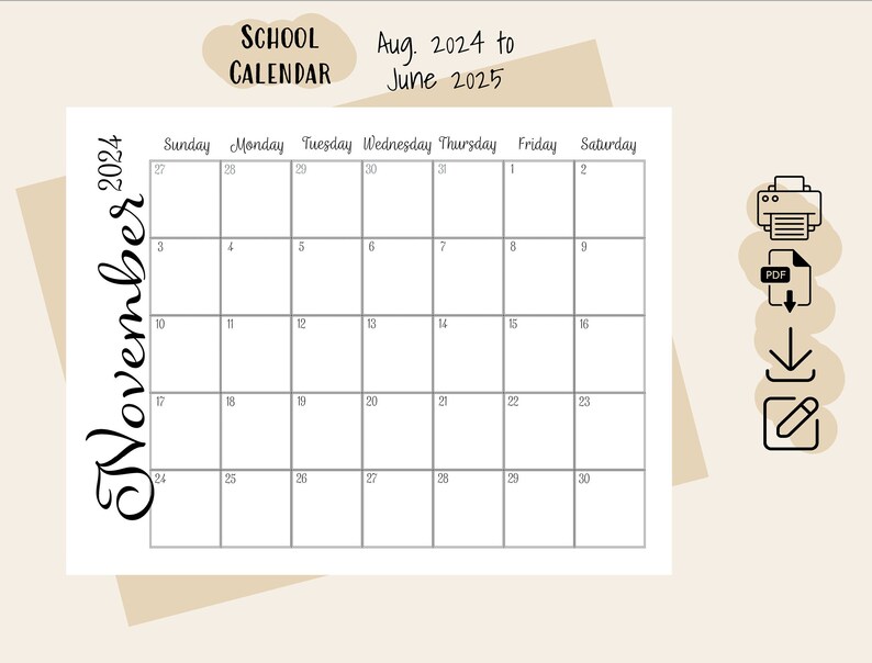 Calendario escolar académico 2024-2025, editable, sencillo, rellenable ...