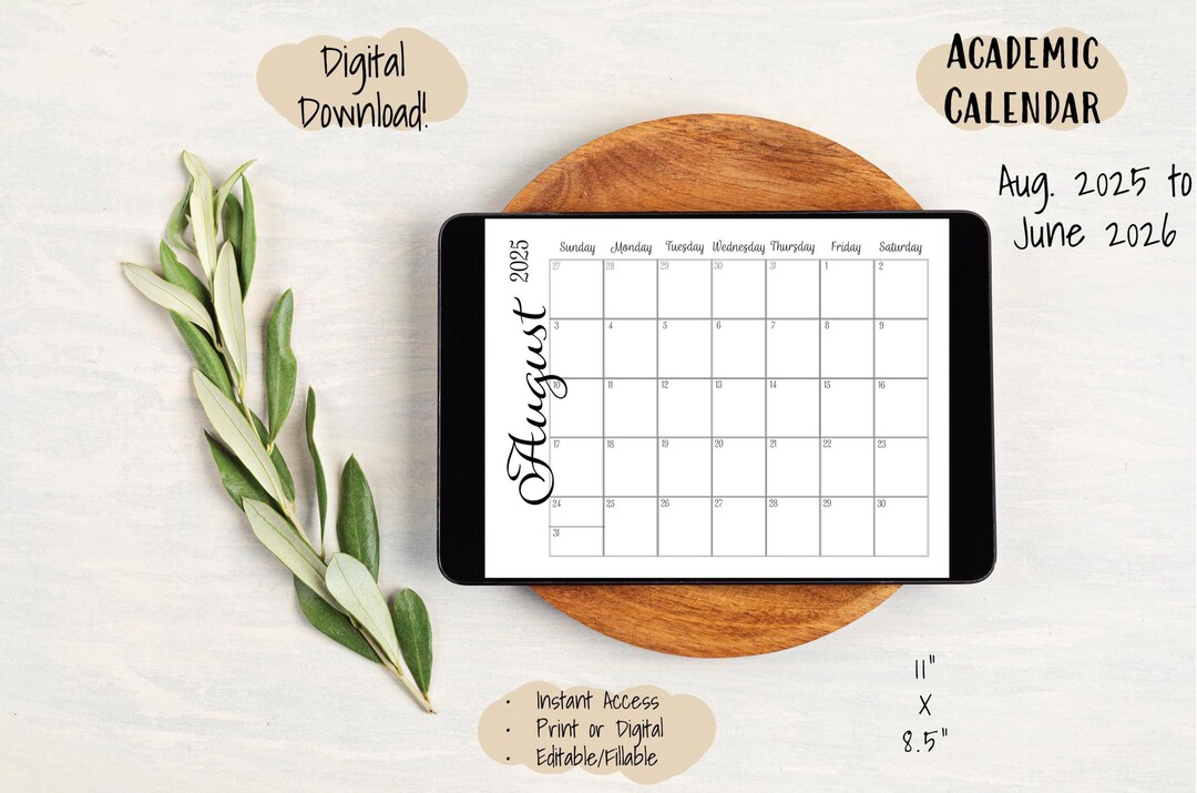 Academic School Calendar 2025 2026 Editable | Simple Fillable Calendar ...