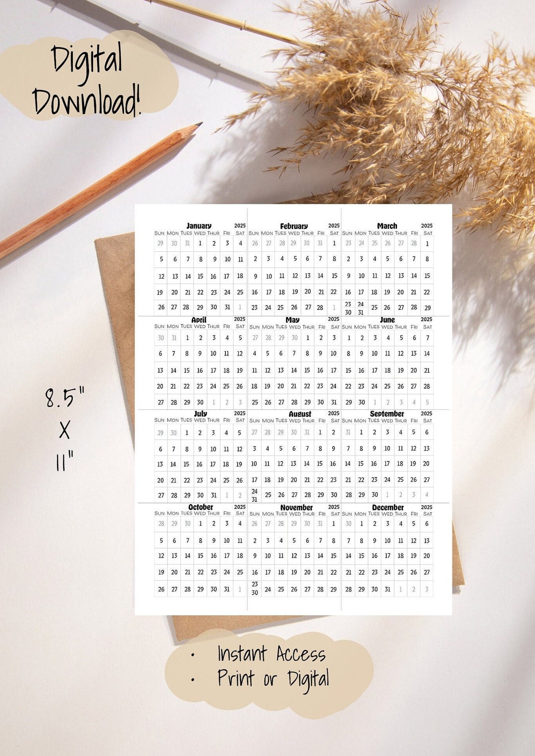 2025 Calendar Small 1 Page | Simple Mini Calendar Planner | Minimal PDF ...