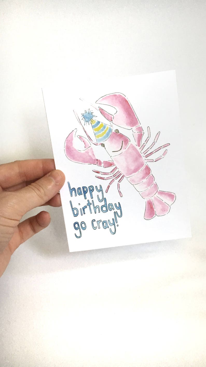 Nautical Birthday Card, Watercolor Lobster Card, Crayfish Note Card ...