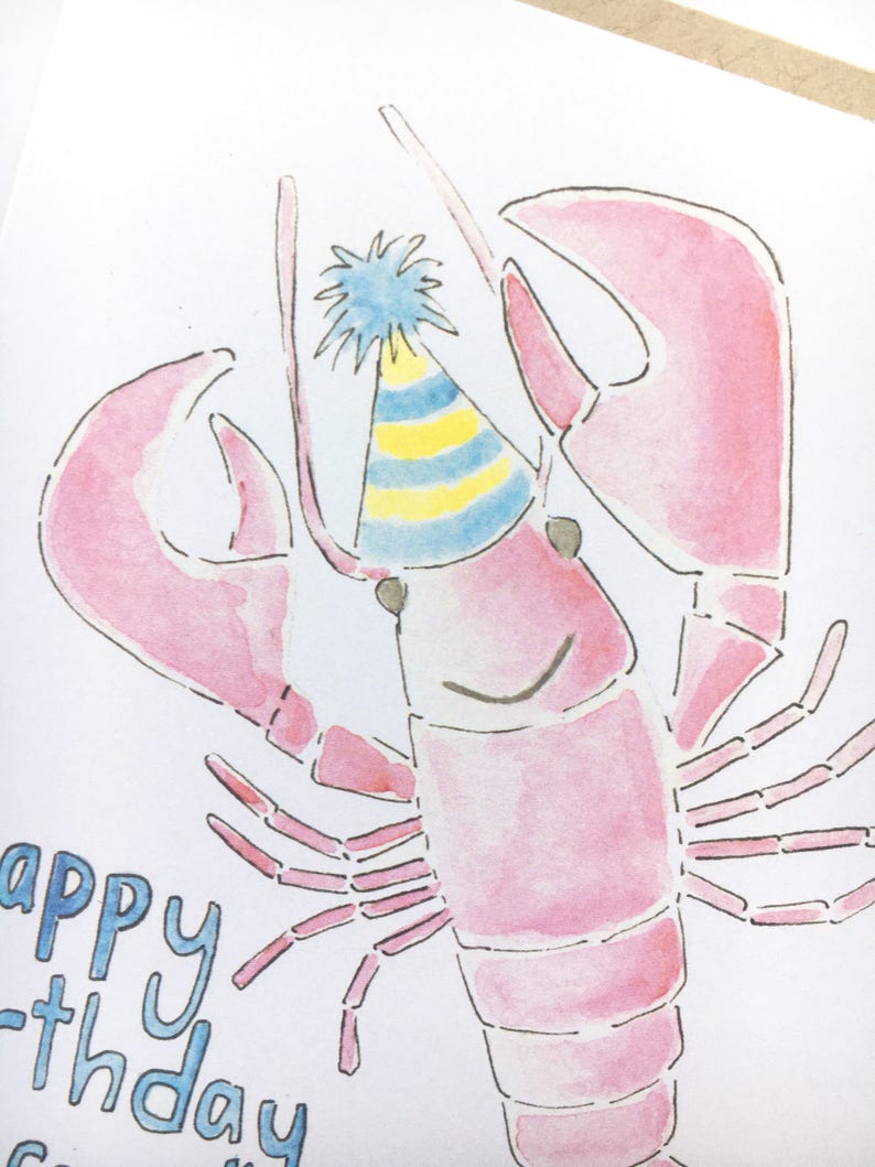 Nautical Birthday Card, Watercolor Lobster Card, Crayfish Note Card ...