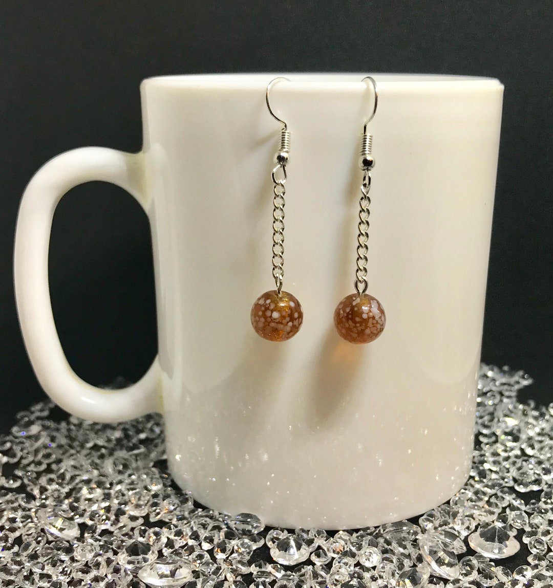 Brown & White Glass Freckle Beaded Silver Chain Dangle Earrings - Etsy