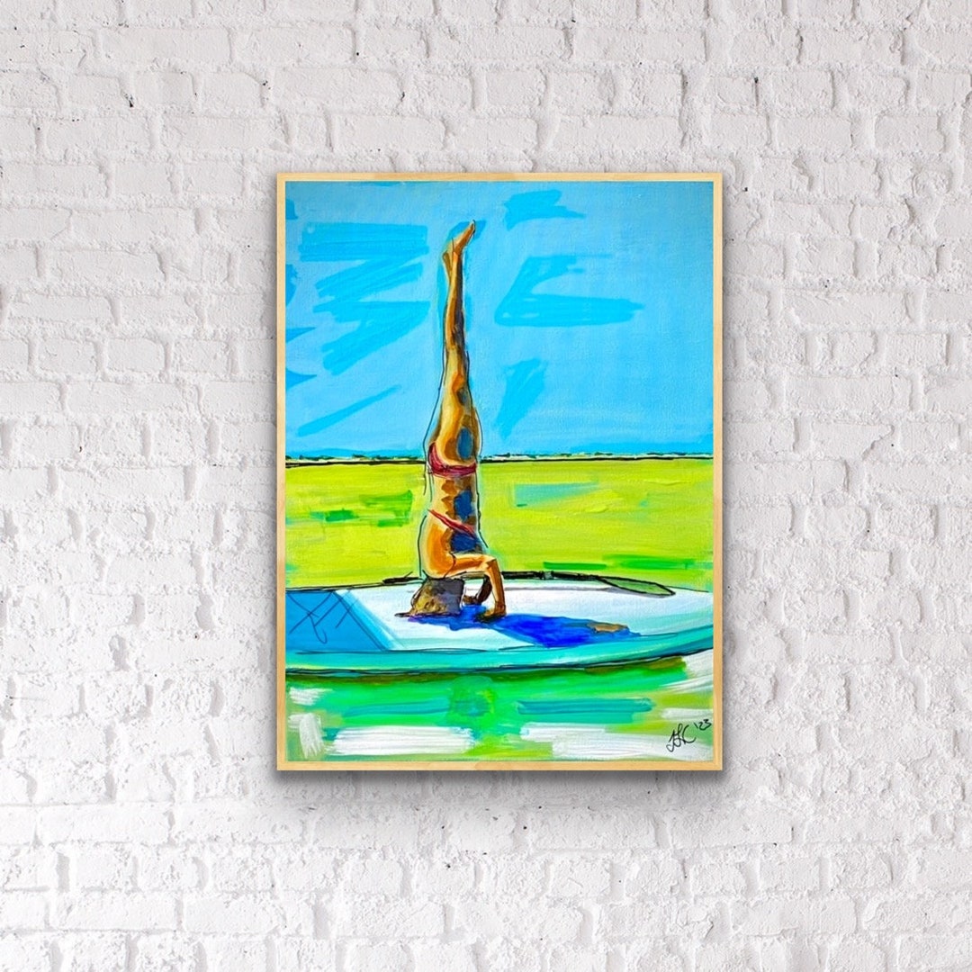 Framed Acrylic Painting of Girl Doing Headstand on a Paddleboard, 19x25 ...