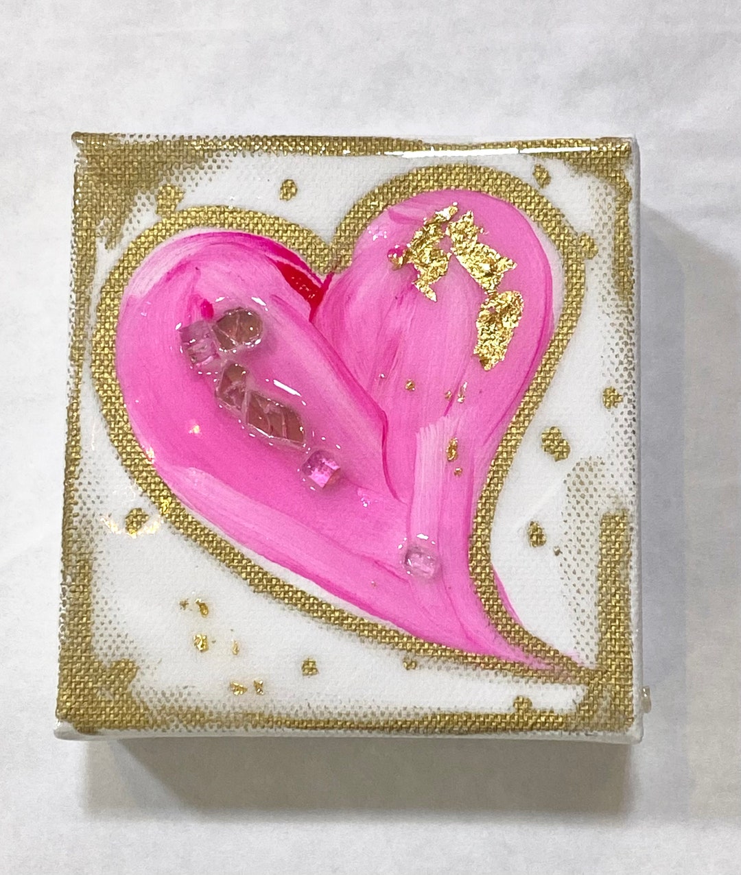 Pink Resin Heart on Canvas, 4x4 Acrylic on Canvas Painting With Gold ...