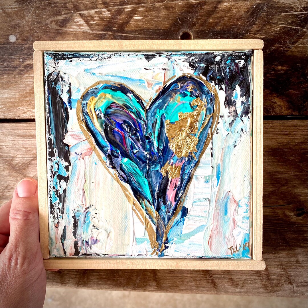 Abstract Blue Heart Art With Goldleaf, Medium 6”x6” Acrylic on Canvas ...