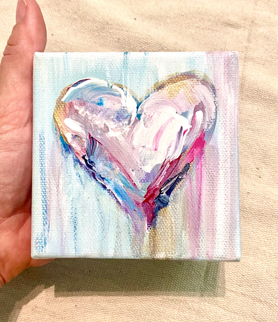 Abstract Chunky Heart Painting, 4x4 Canvas Painting of Turquoise and ...